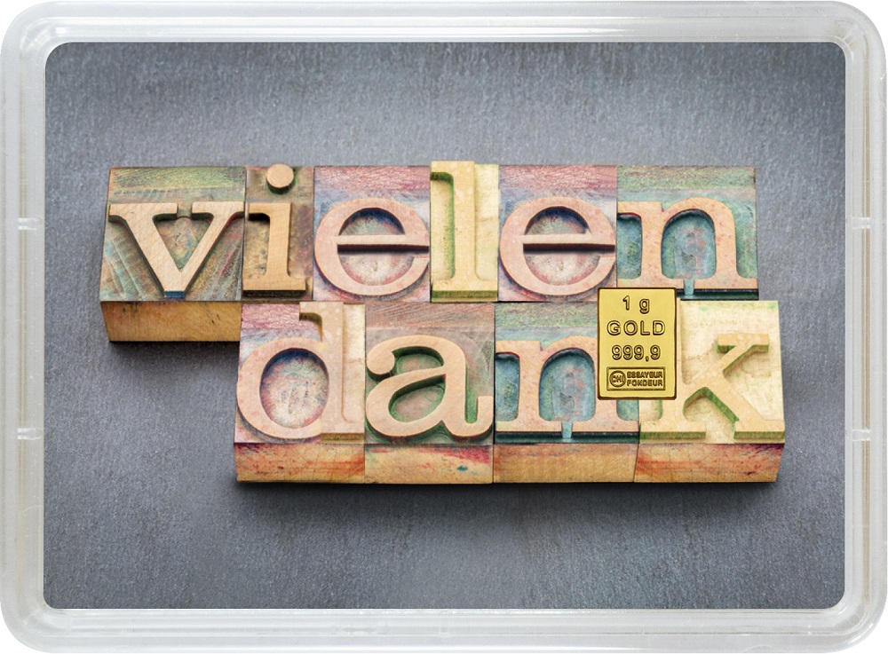 1 g Goldbarren" Vielen Dank" schenken | Moroder Scheideanstalt Essen